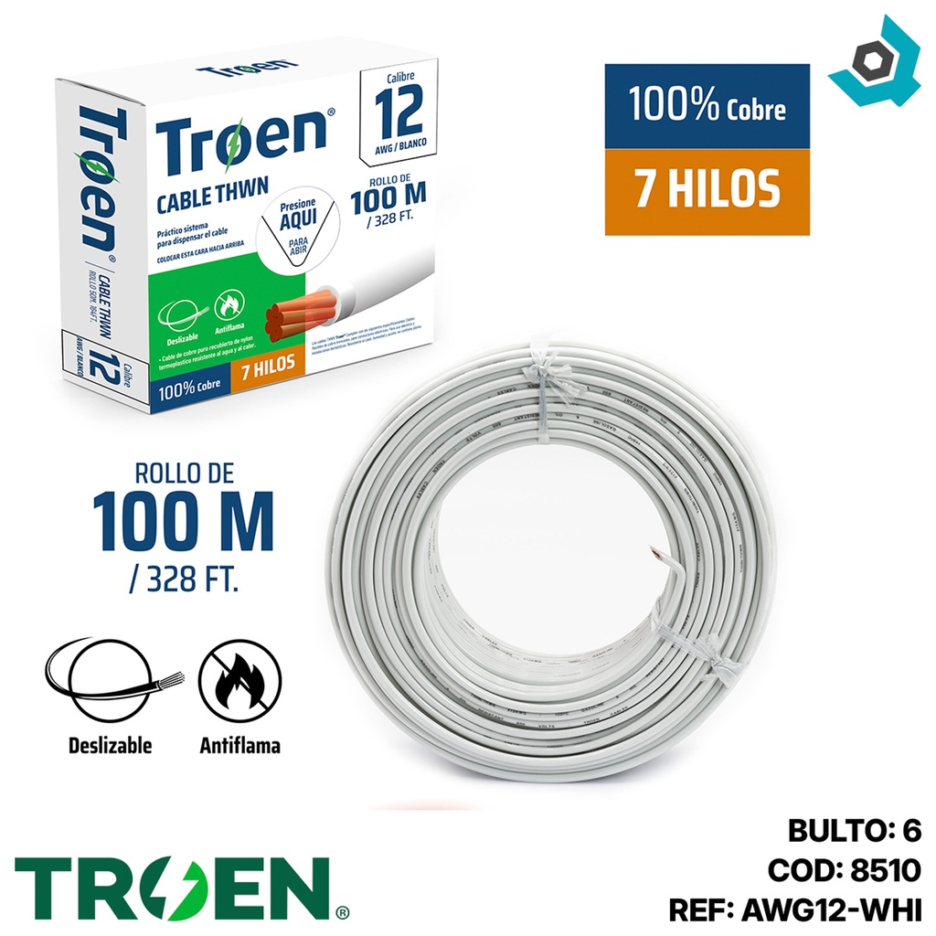 CABLE ELECTRICO 12 AWG BLANCO 7 HILOS TROEN | Litani Import Export
